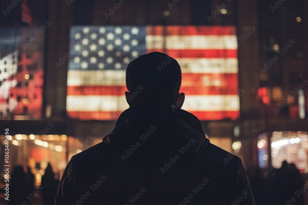 Man contemplating giant american flag in times square at night Stock ...
