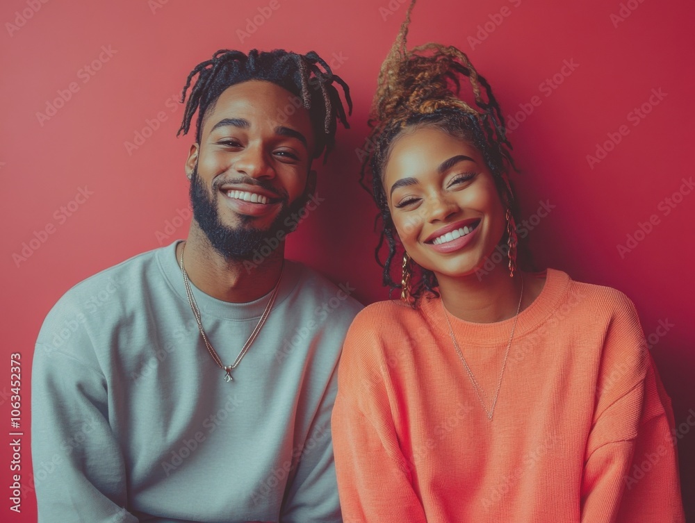 Two people smiling warmly in front of a solid red background ...