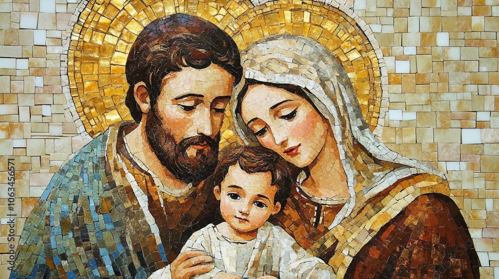 Colorful mosaic painting of the Holy Family, representing Jesus, Mary ...