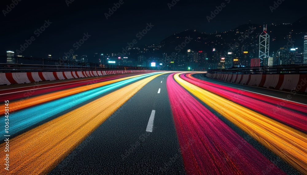 Busy multilane highway weaving through a modern city skyline at night ...