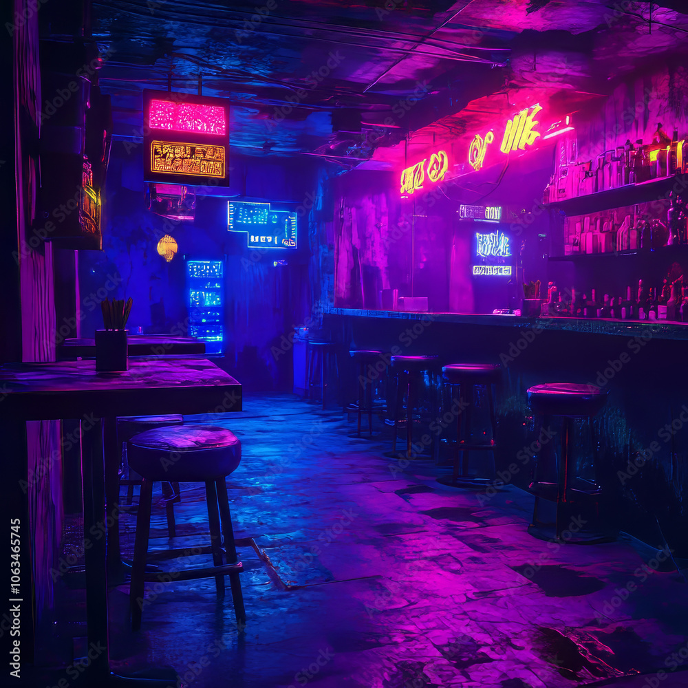 Step into a neon cyberpunk bar where digital decay meets glitchy ...