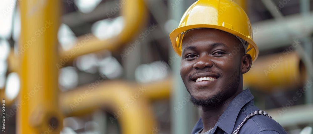 Portrait of a smiling black male contractor wearing a safety helmet at ...