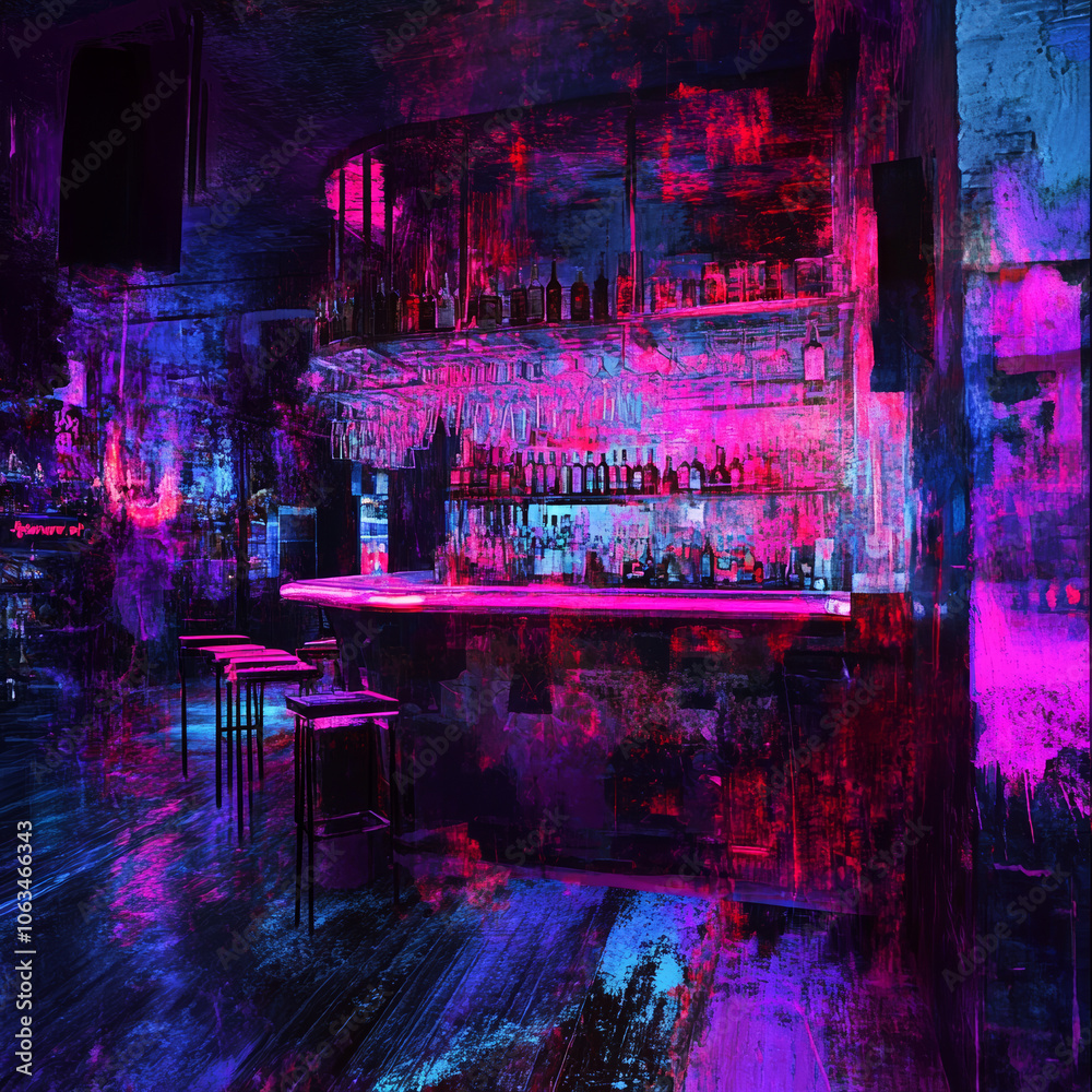 Step into a neon cyberpunk bar where digital decay meets glitchy ...