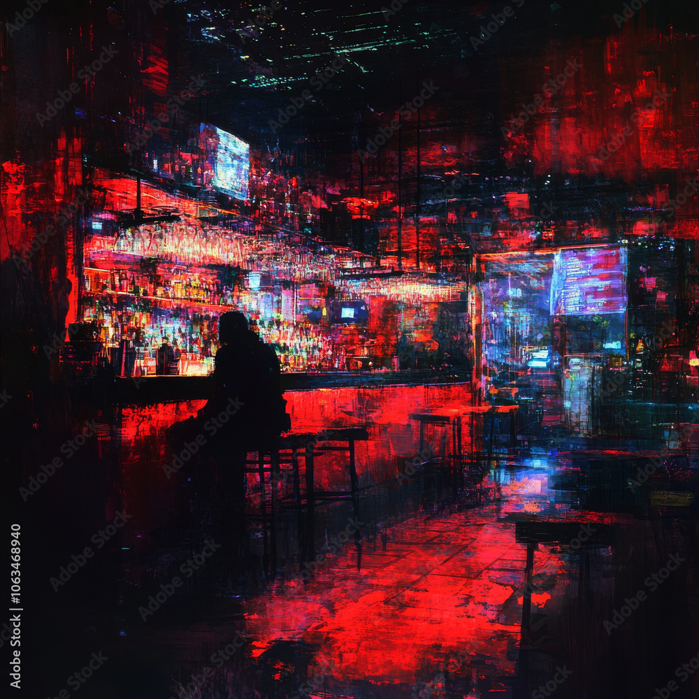 Step into a neon cyberpunk bar where digital decay meets glitchy ...