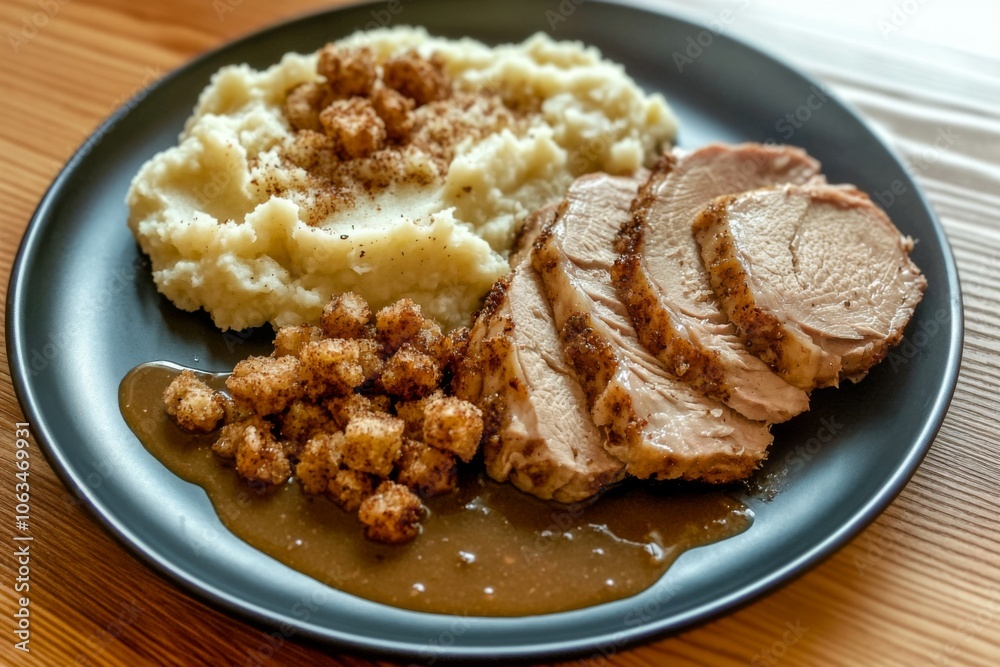 Thanksgiving Turkey Meal: Sliced turkey roast with gravy sauce. Served ...