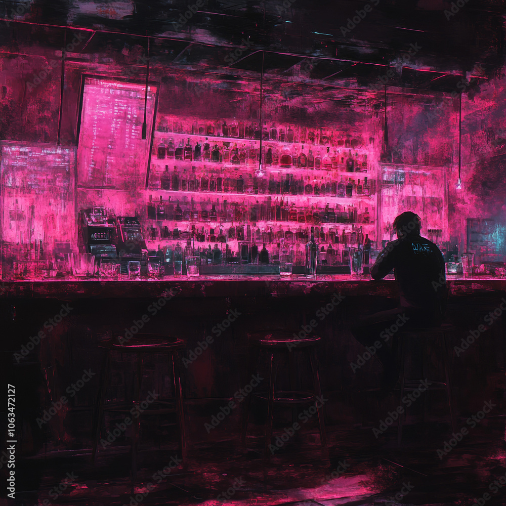Step into a neon cyberpunk bar where digital decay meets glitchy ...
