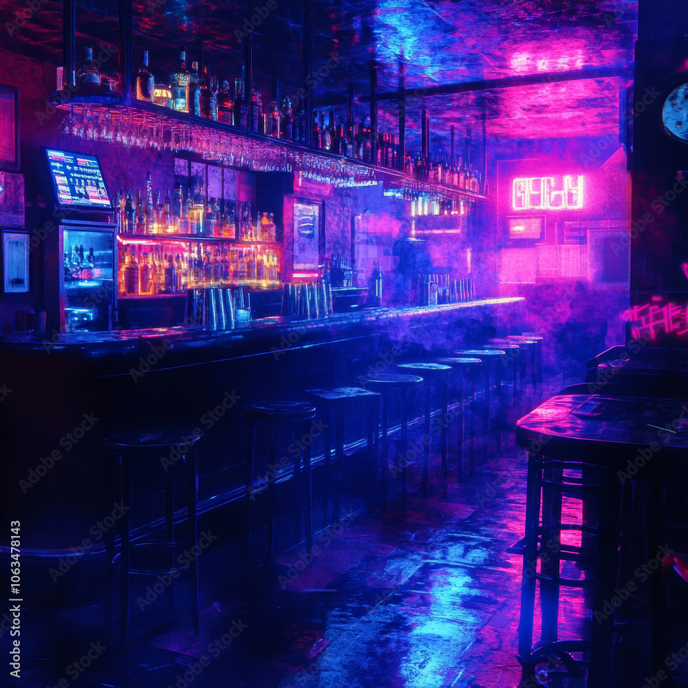 Step into a neon cyberpunk bar where digital decay meets glitchy ...