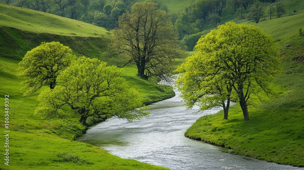 Spring landscape filled with fresh green trees that embellish gently ...