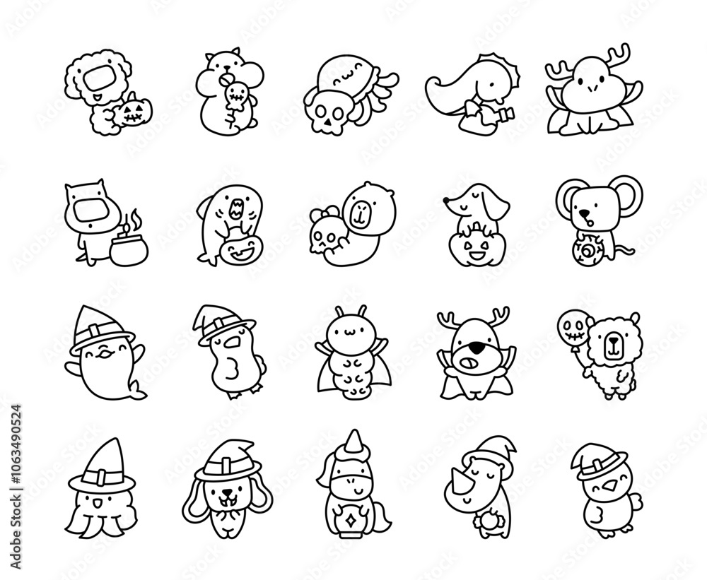 Halloween kawaii cartoon animals in cute spooky costumes with pumpkins ...