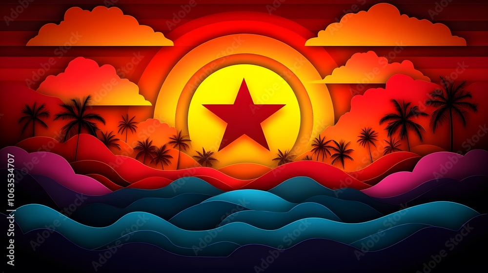 Papercut design for Cuba National Day, layered tropical scenery with ...