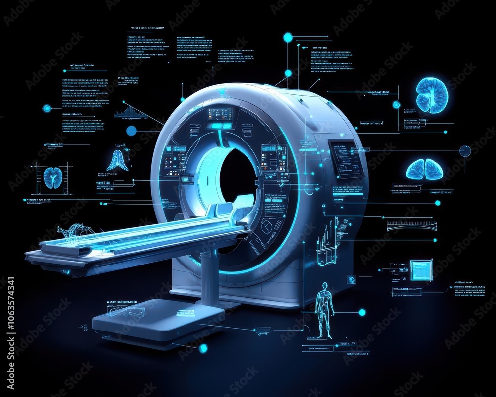 Labeled blueprint of an MRI machine structure, inner workings exposed ...