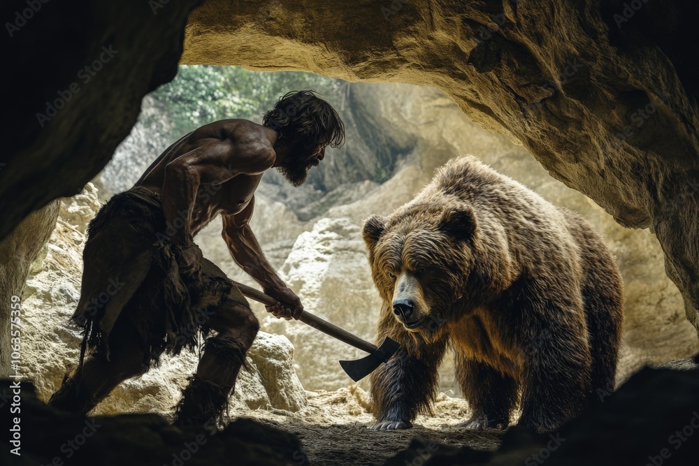 A man wields an axe inside a cave as he faces a bear, creating a scene ...