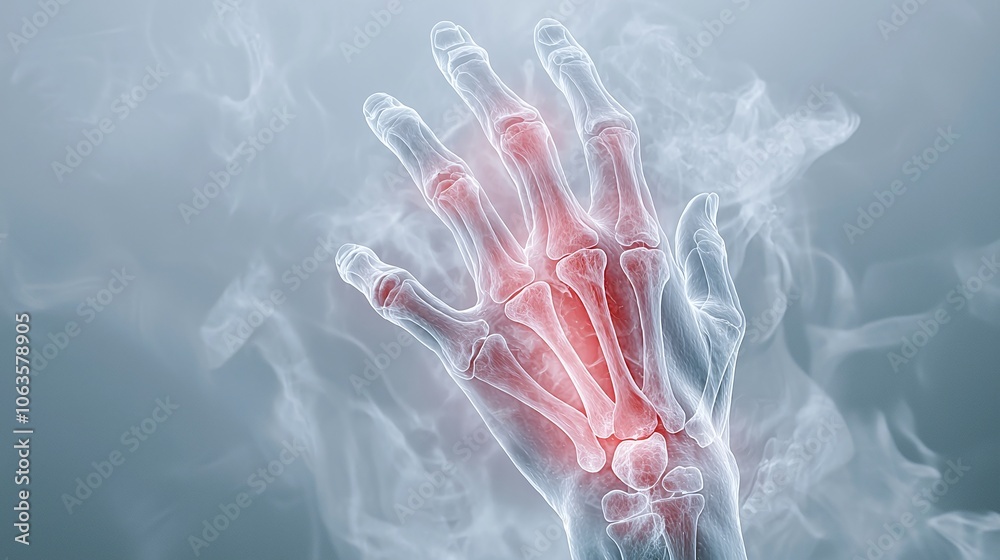 Hand with Broken Bones in Transparent Overlay X-ray-like graphic of a ...