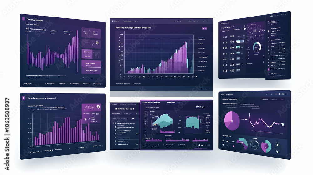 Six screens with various charts and graphs displaying data, insights ...