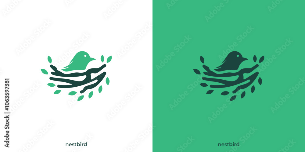 Simple Bird Nest Logo. Nature Leafy Bird House with Lineart Outline ...