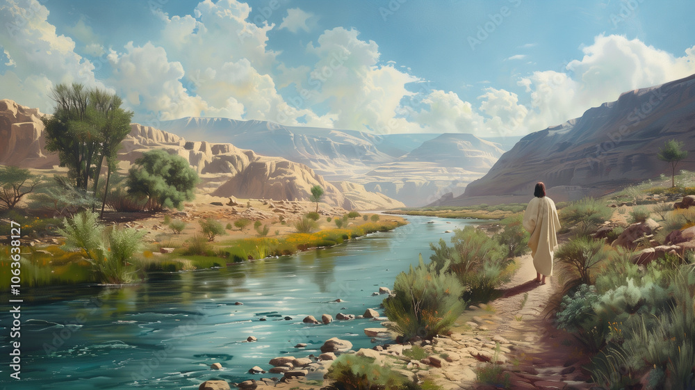 Jesus Christ walking in an oasis in the negev desert, bible story ...