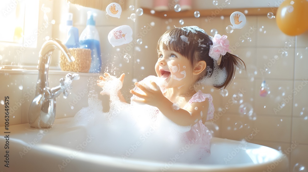 Candid photo of a child practicing handwashing with 2D hygiene tips ...