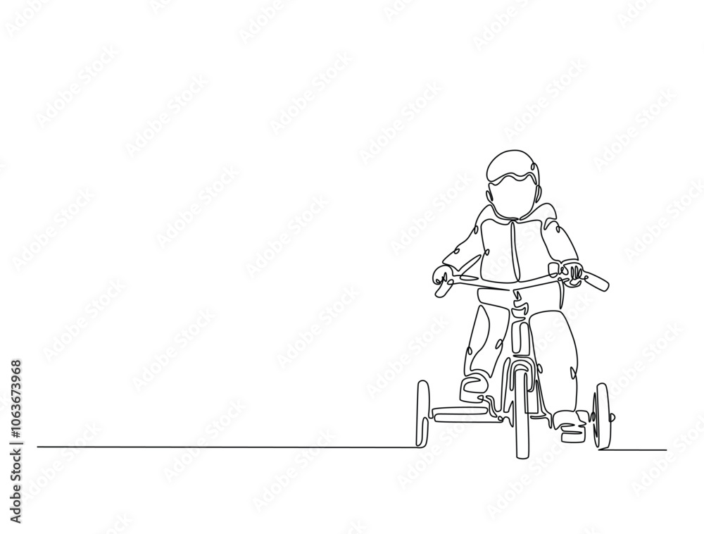 Continuous one line drawing of a boy riding tricycle. Toddler riding ...