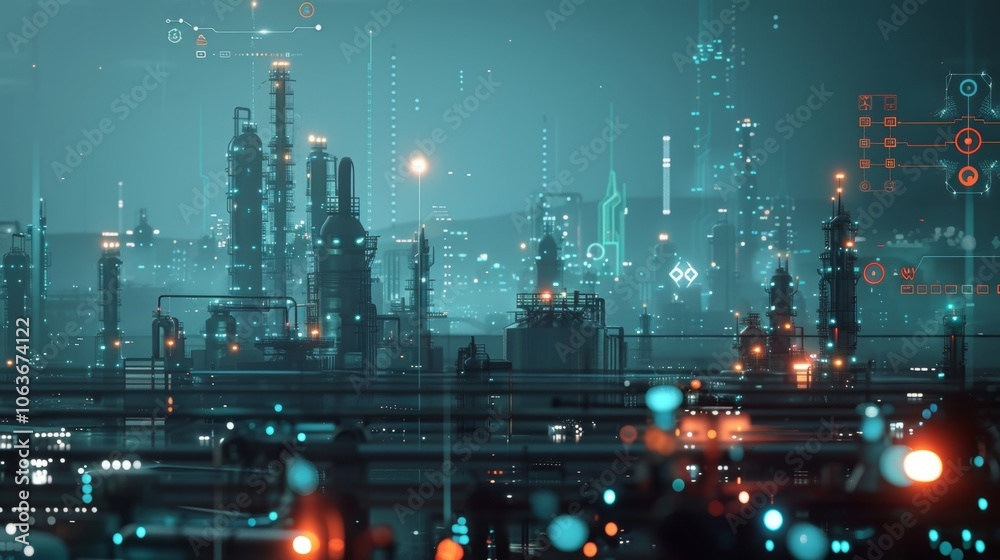 Futuristic refinery or chemical plant at night with digital overlays ...