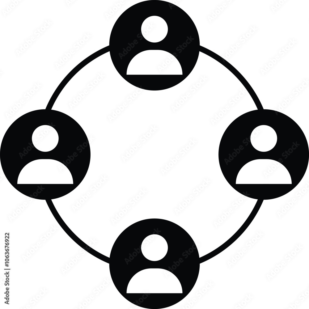 circular network diagram, simplified icons, four nodes, black and white ...