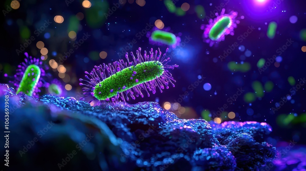 Diversity of green bacteria and microbes under a microscope, showcasing ...