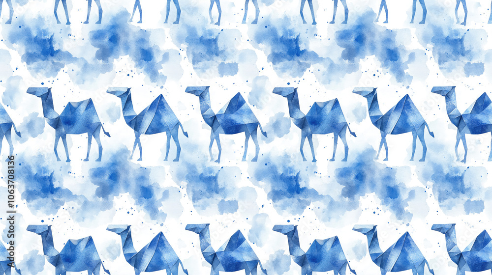 Seamless watercolor pattern featuring blue origami camels decorative ...