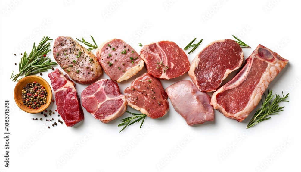 Assortment of raw meats and poultry arranged on a clean white ...