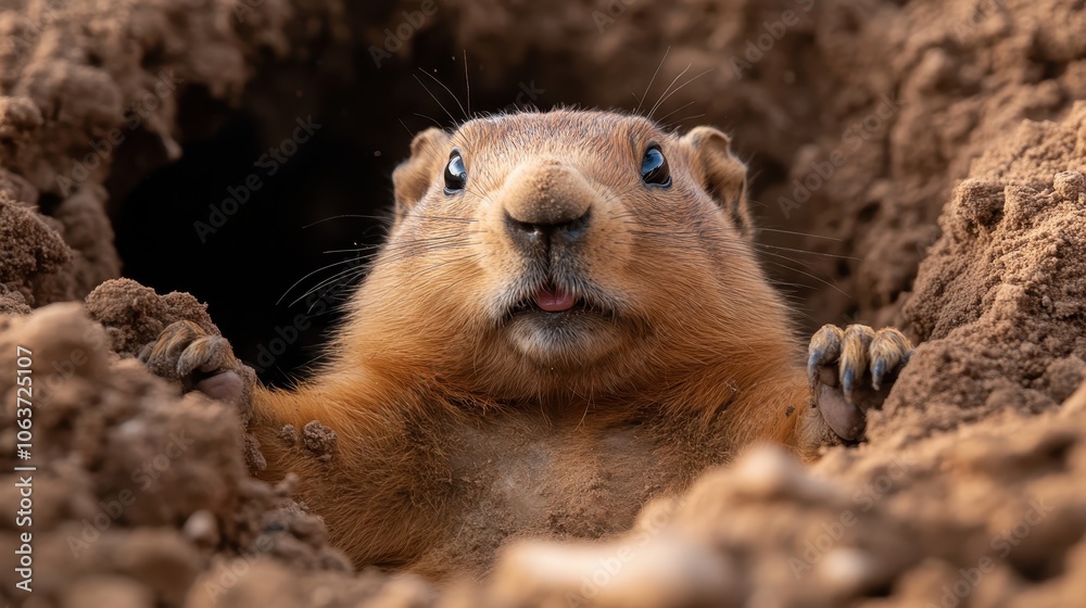 With a playful expression and partly sandy paws, a prairie dog emerges ...