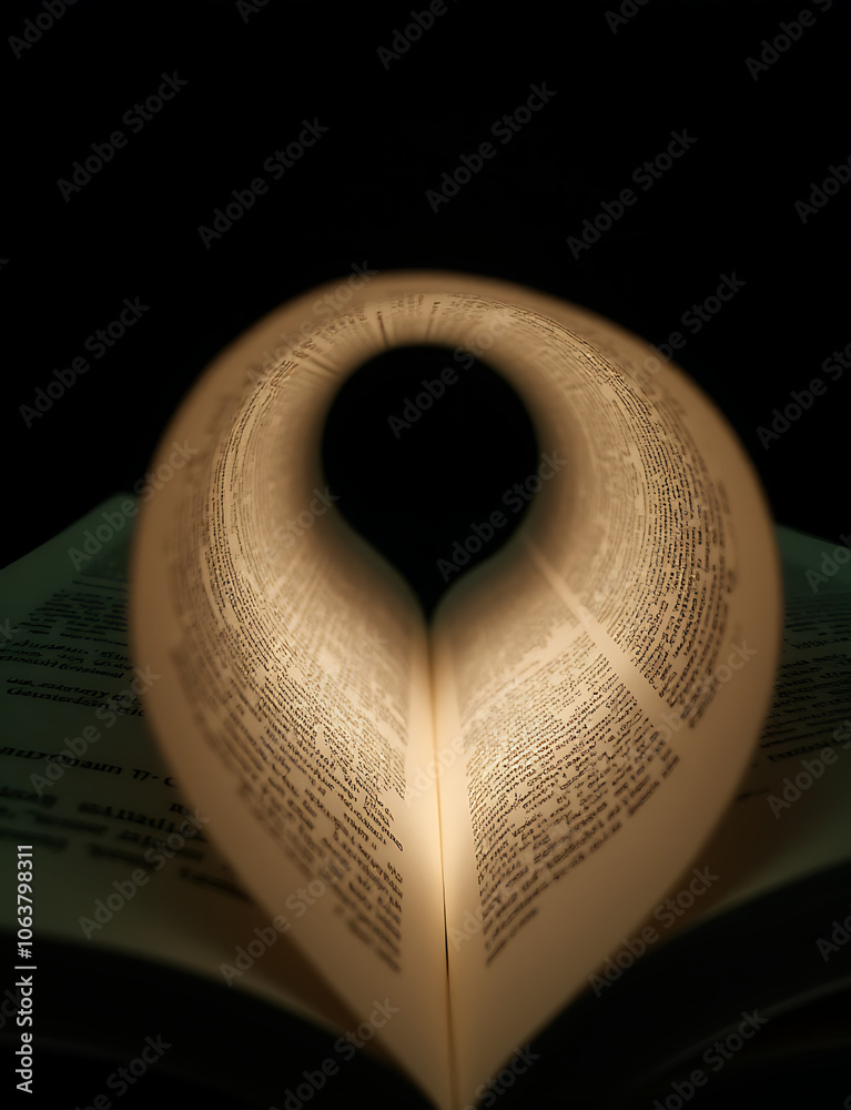 Latin letters and words form a tunnel shape on a book page illuminated ...
