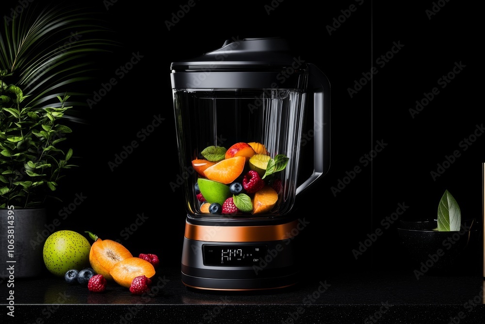 3D illustration of a high-tech blender in a modern kitchen, blending ...