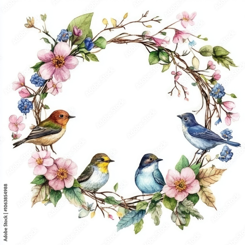 Elegant Floral Border with Birds and Watercolor Details for Wedding ...