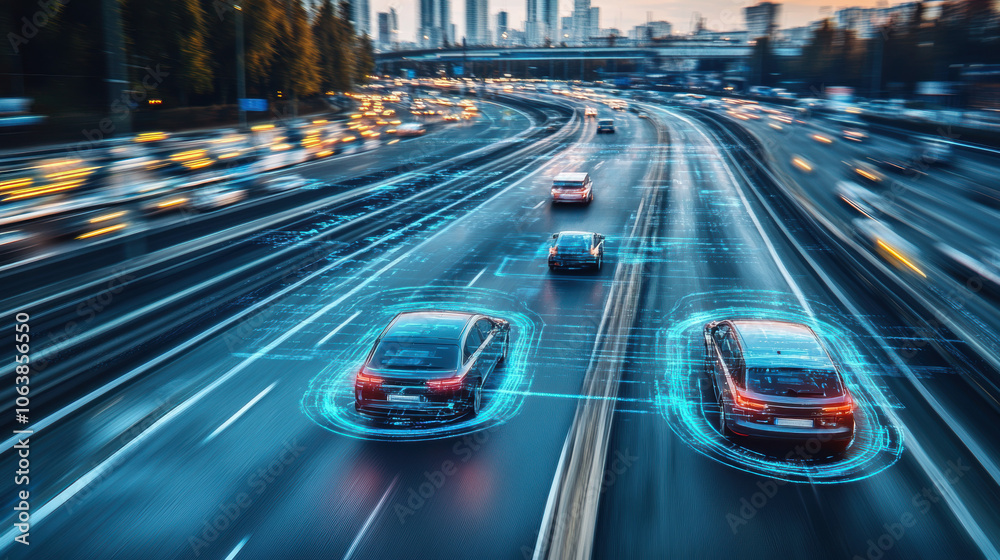 Autonomous vehicles on smart highways with digital overlays showcasing ...