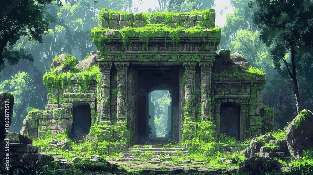 Exploring the pixel art ancient temple ruins in jungle, admiring the ...