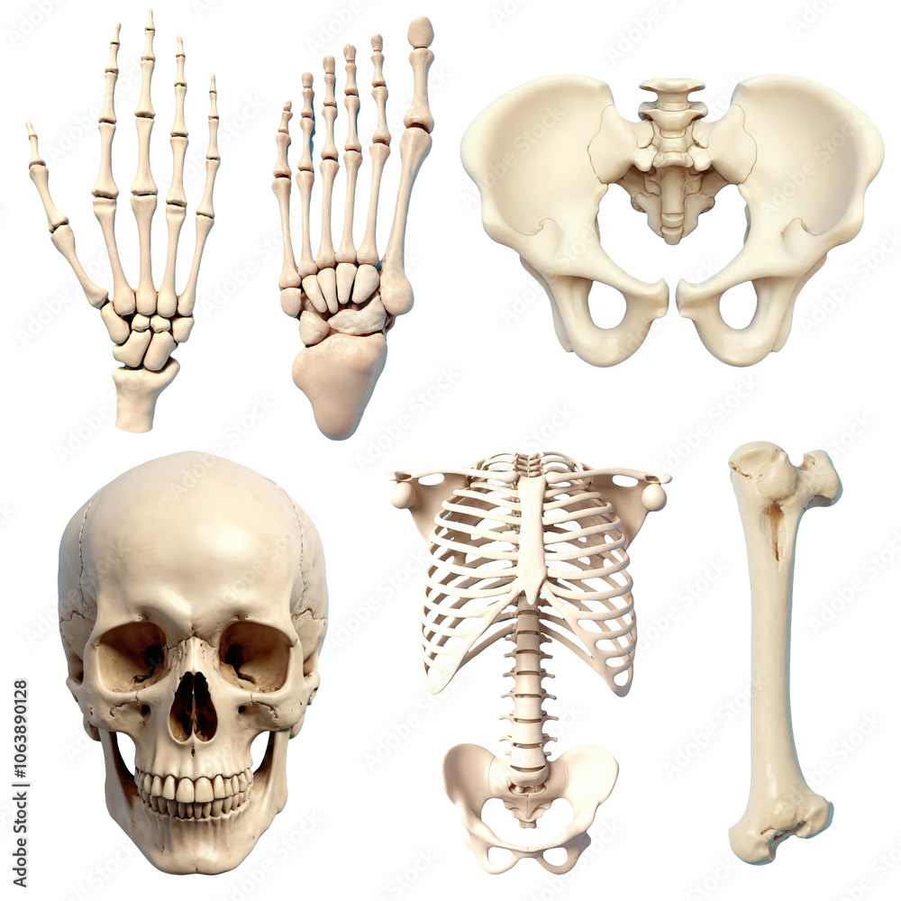 Collection of human bones laid out for display, showing various parts ...