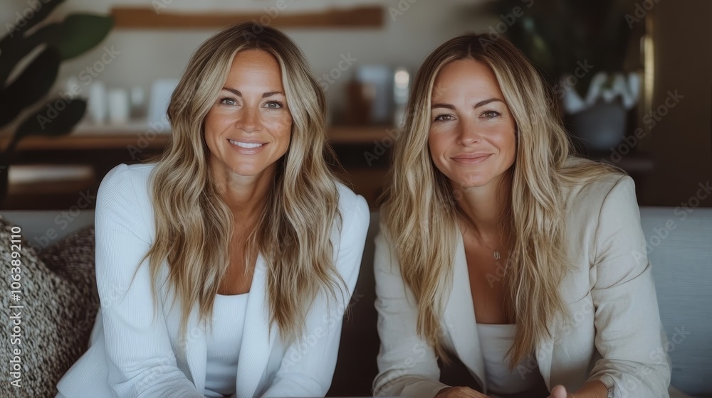 Two identical women sit side by side in a cozy setting, both wearing ...
