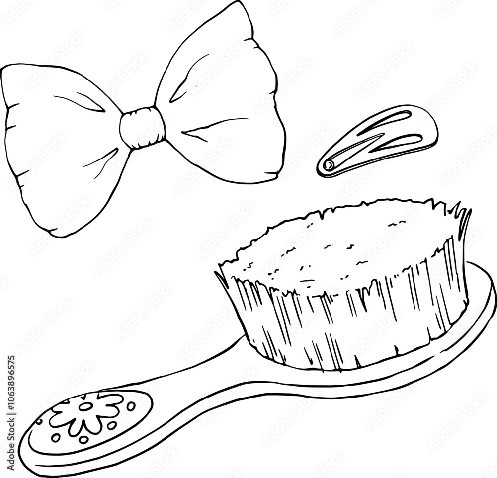 Hair accessories. Vector graphic illustration of vintage brush, bow and ...