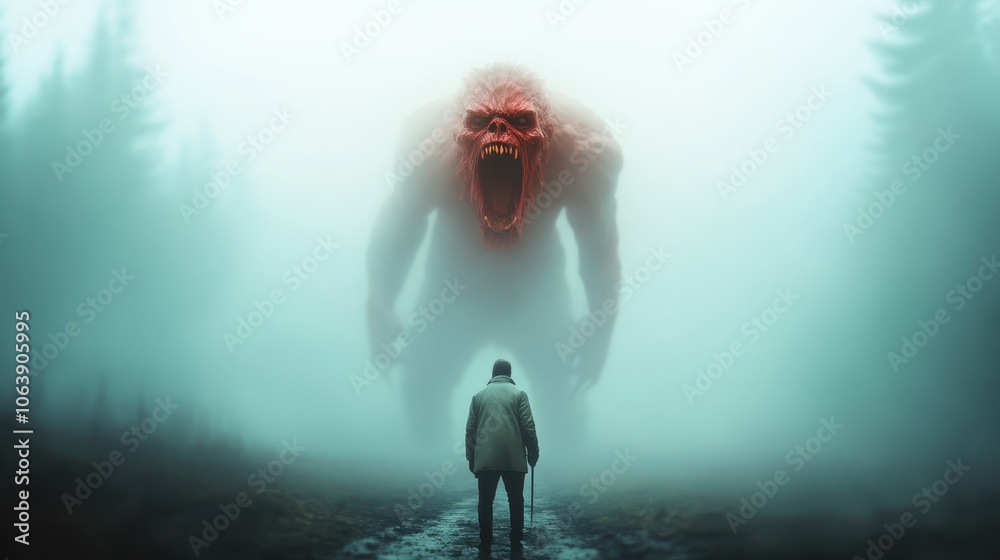 A solitary wanderer stands before an enormous creature on a mist-filled ...