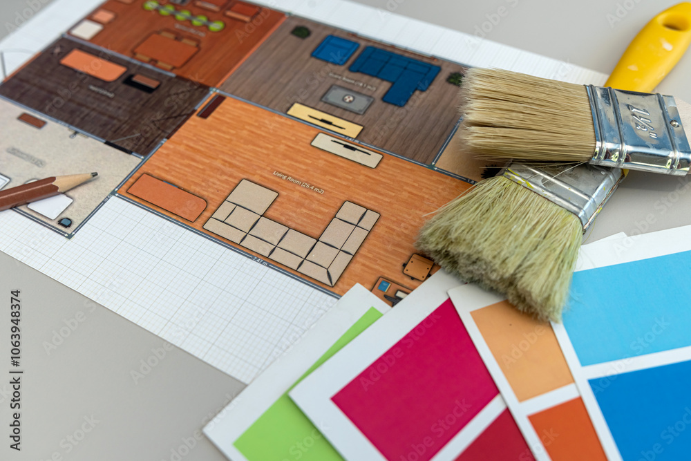 interior design with palette of colors for interior works, house ...
