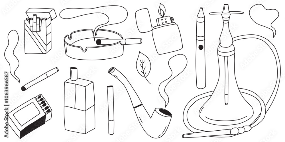 Smoking doodle set. Vector set of smoking elements, cigarette in pack ...