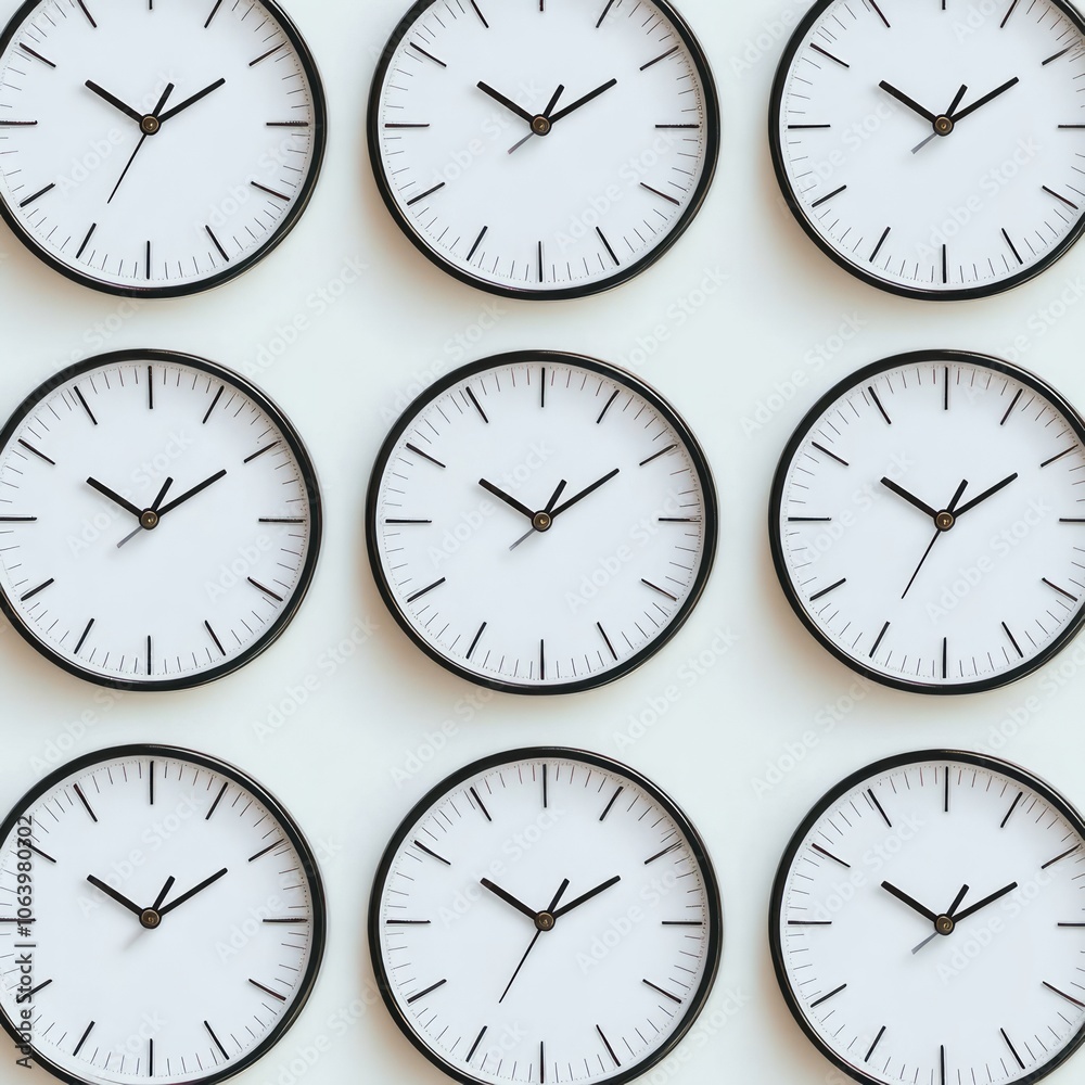 Nine white analog clocks with black hands and frames are arranged in a ...
