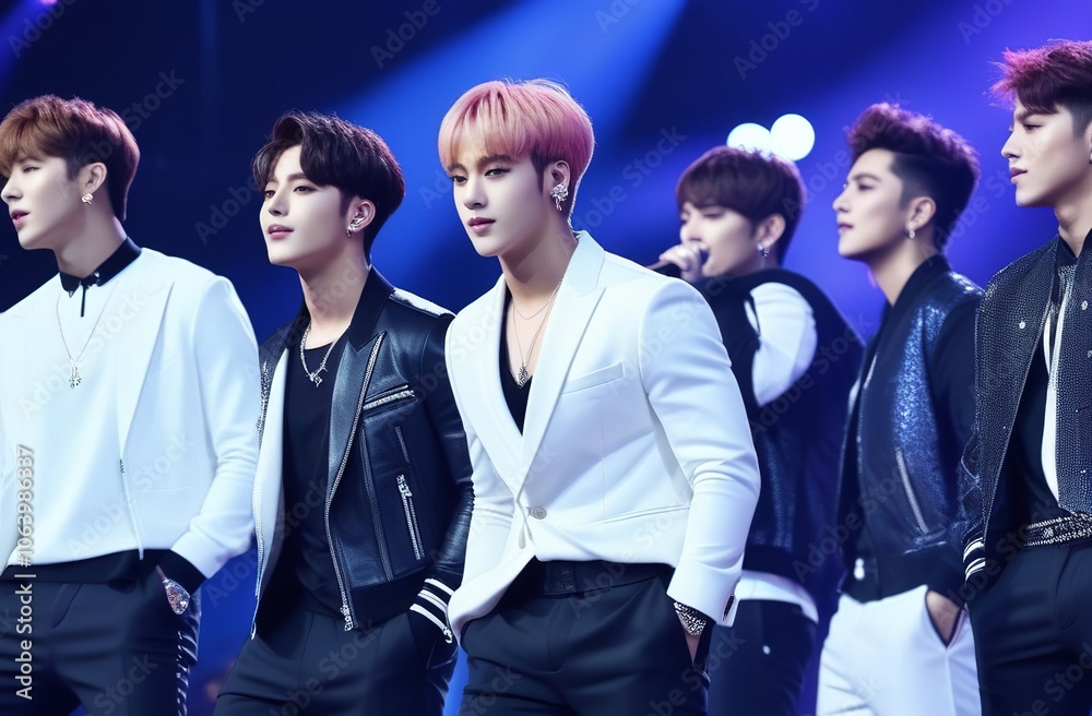 K pop concert. Korean male music group. Korean singers perform on stage ...