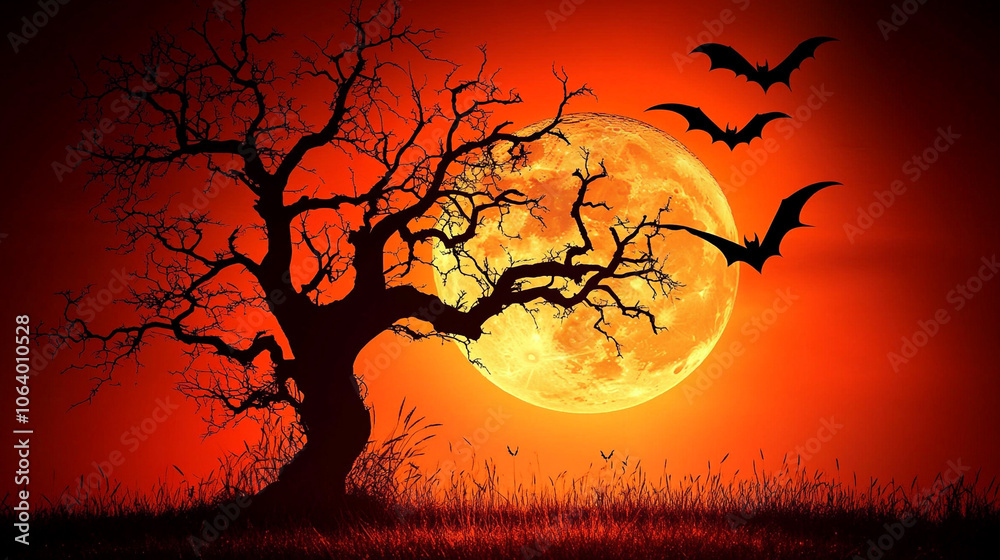 Halloween themed image of bats flying around a tree in front of a full ...
