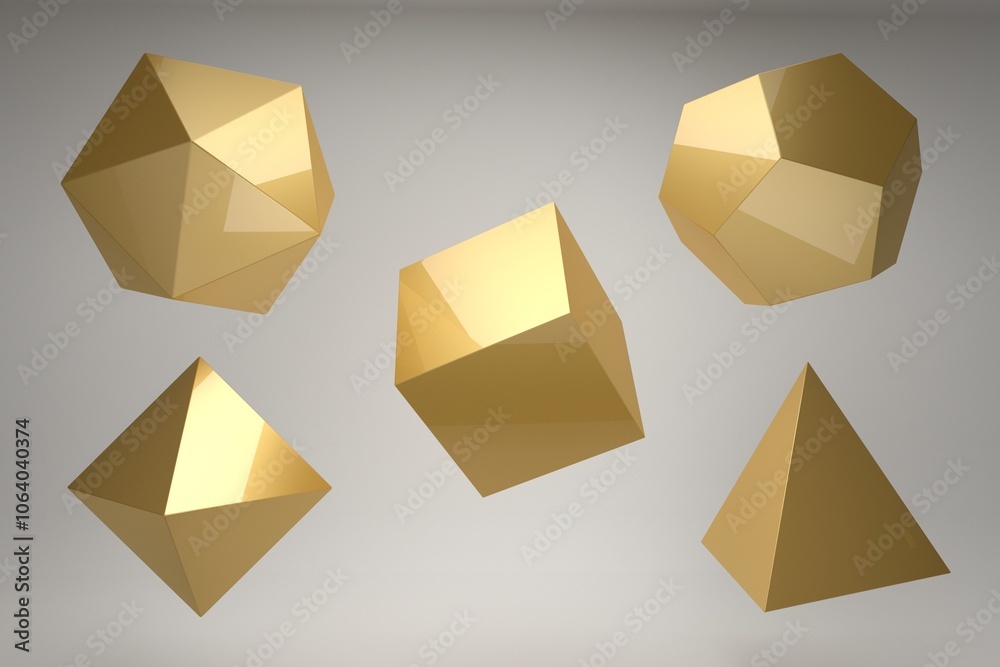 Set of Golden Platonic solids isolated on a gray background ...
