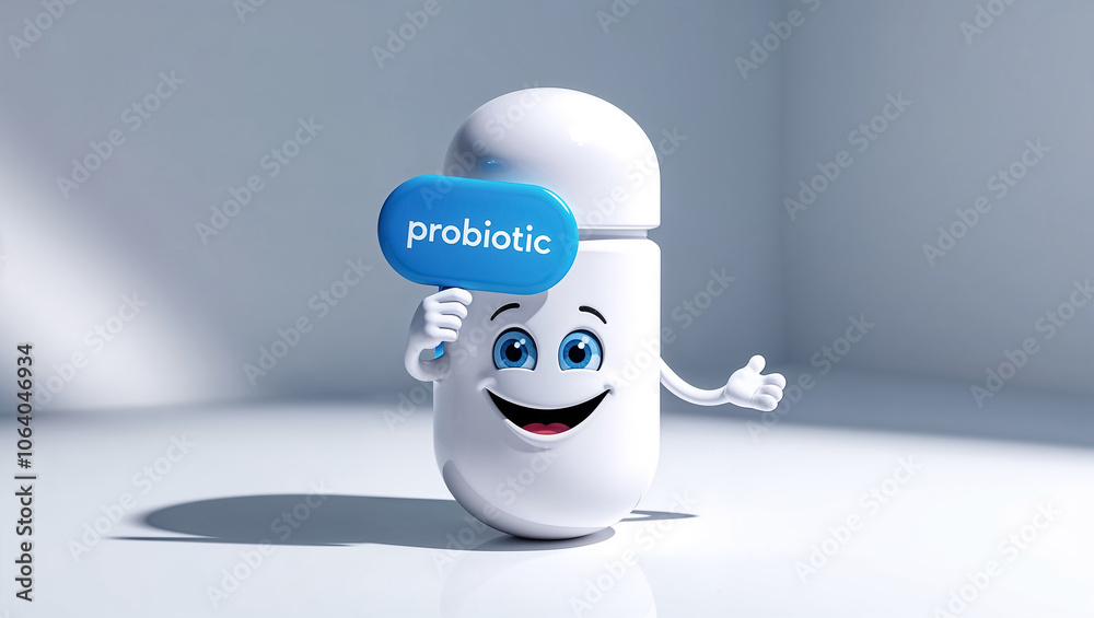 Cartoon happy character capsule with sign inscription probiotic Stock ...