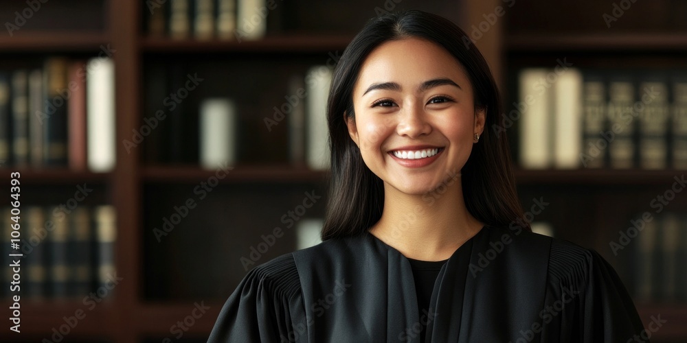 A confident female judge stands smiling in a library filled with legal ...