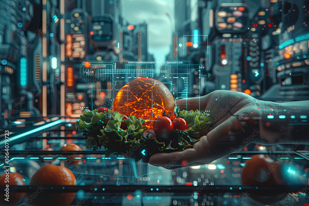 Hand holding vegetables set against a futuristic display of data in ...