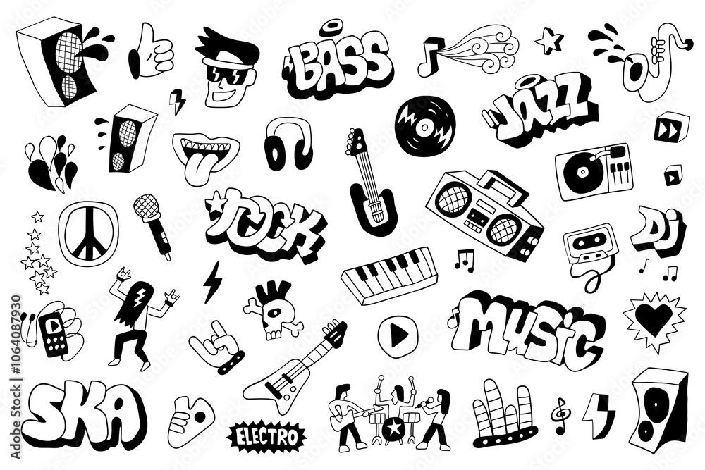 music style vector doodle set , isolated hand drawn design elements ...