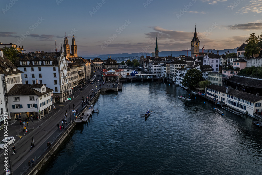 Beautiful aerial view of the city of Zurich in Switzerland - the Limmat ...