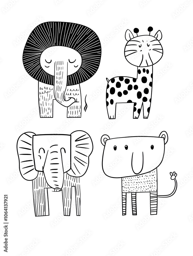 A black and white coloring page of cute zoo animals including an ...