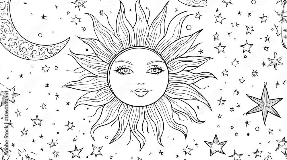 A celestial-themed coloring page of interconnected sun and moon cycles ...
